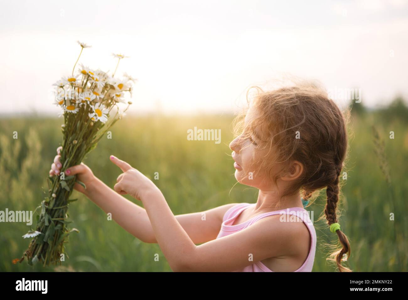 Portrait cute child girl with a bouquet of chamomile in summer on a ...