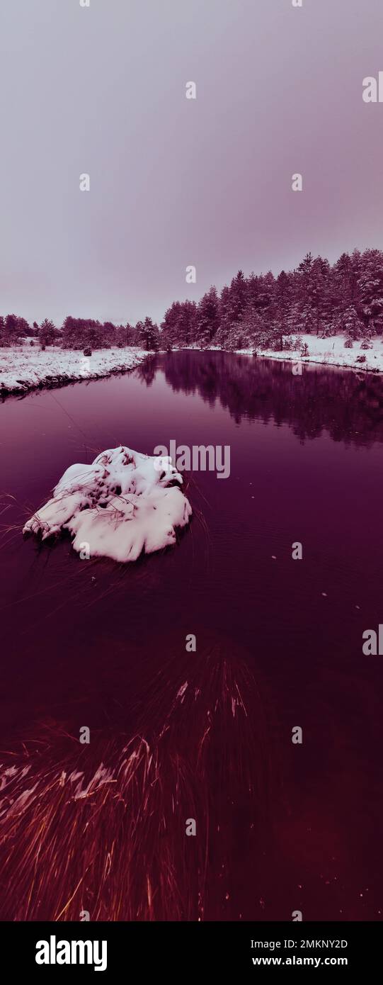 An aerial view of a frozen river flowing through snow-covered forests ...