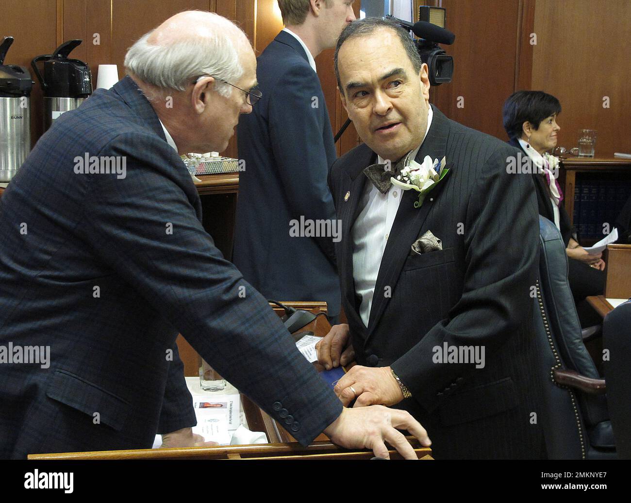 Alaska state Sen. Donny Olson, right, speaks with Sen. John Coghill on ...