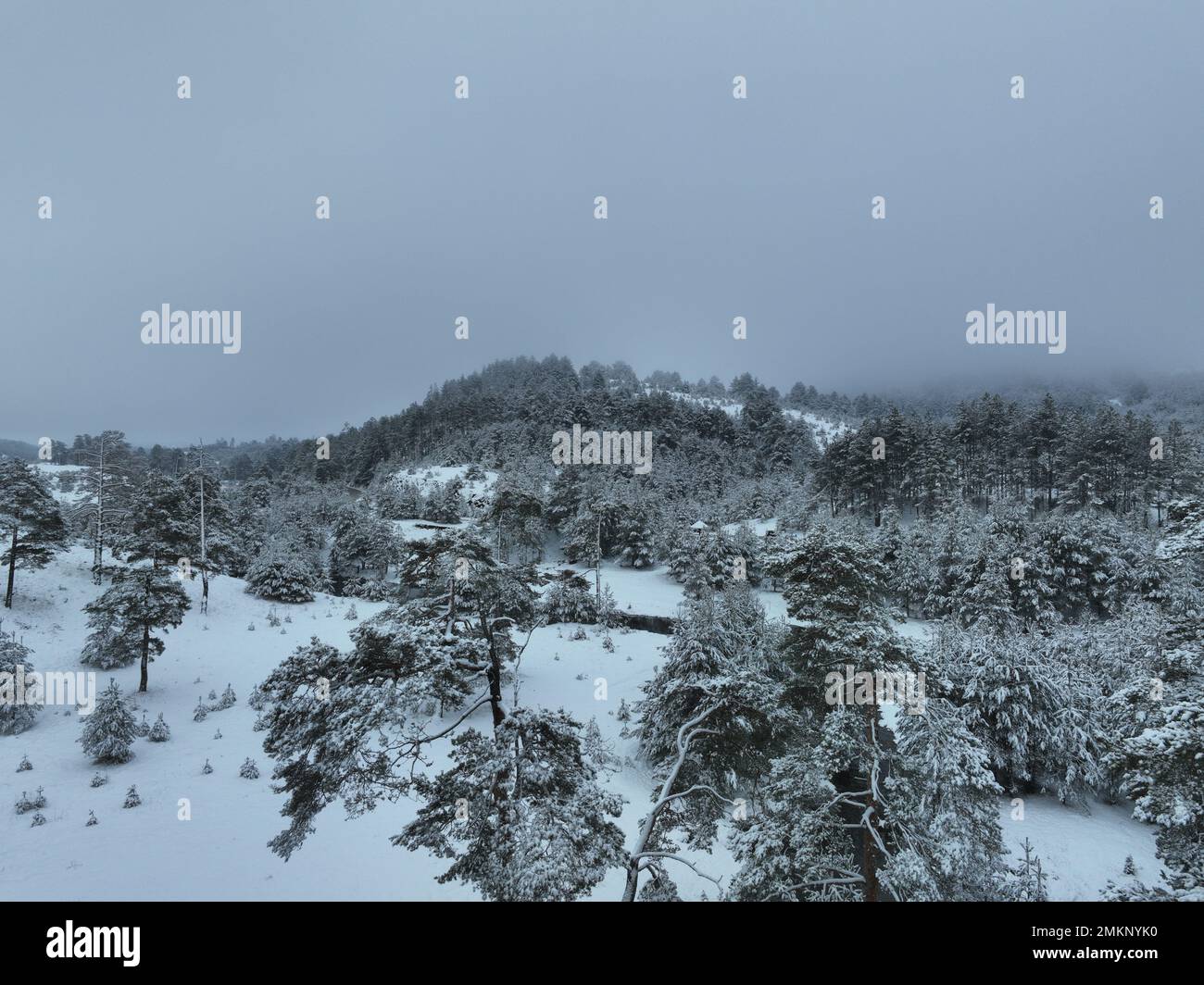 An aerial view of a frozen river flowing through snow-covered forests ...