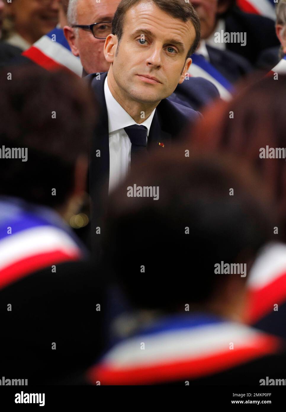 French President Emmanuel Macron attends the "grand debate" with mayors ...