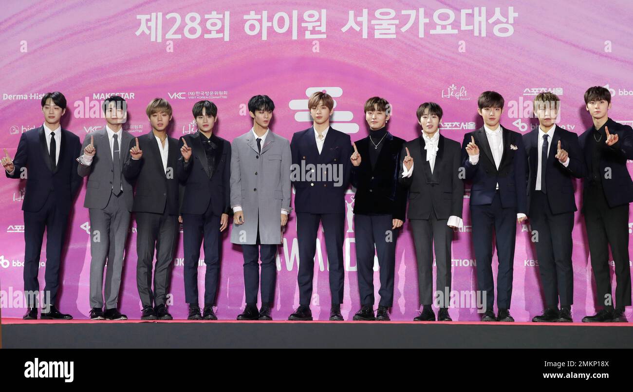 Members of South Korean K-Pop group Wanna One pose for photos on the ...