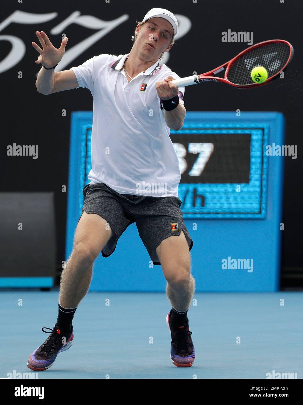 Canada's Denis Shapovalov makes a forehand return to Spain's Pablo ...