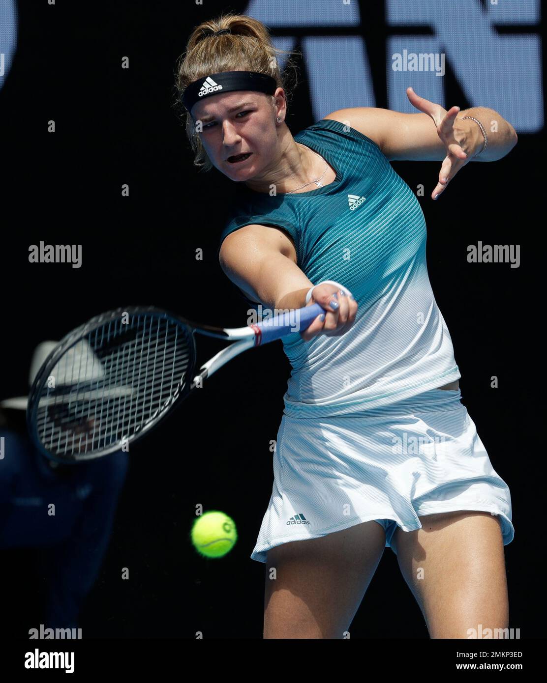 Karolina Muchova of the Czech Republic hits a forehand return to ...