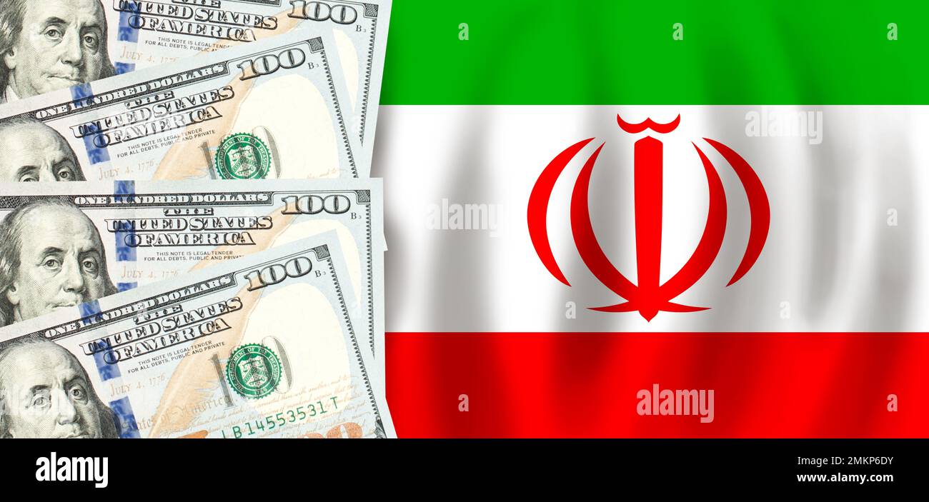 Dollars on flag of Iran, Irani finance, subsidies, social support, GDP ...