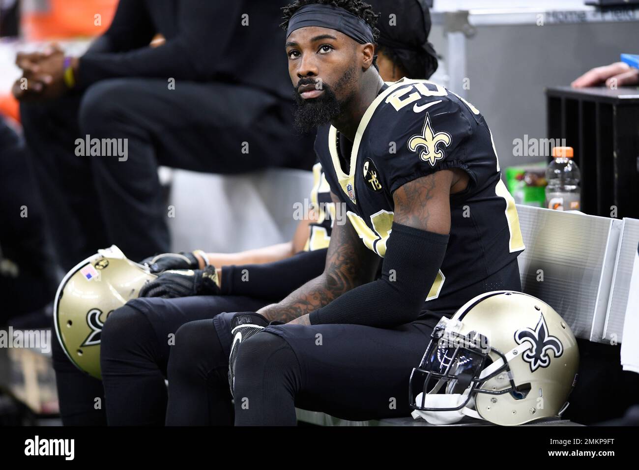 New Orleans Saints cornerback Ken Crawley (20) sits on the bench in the ...