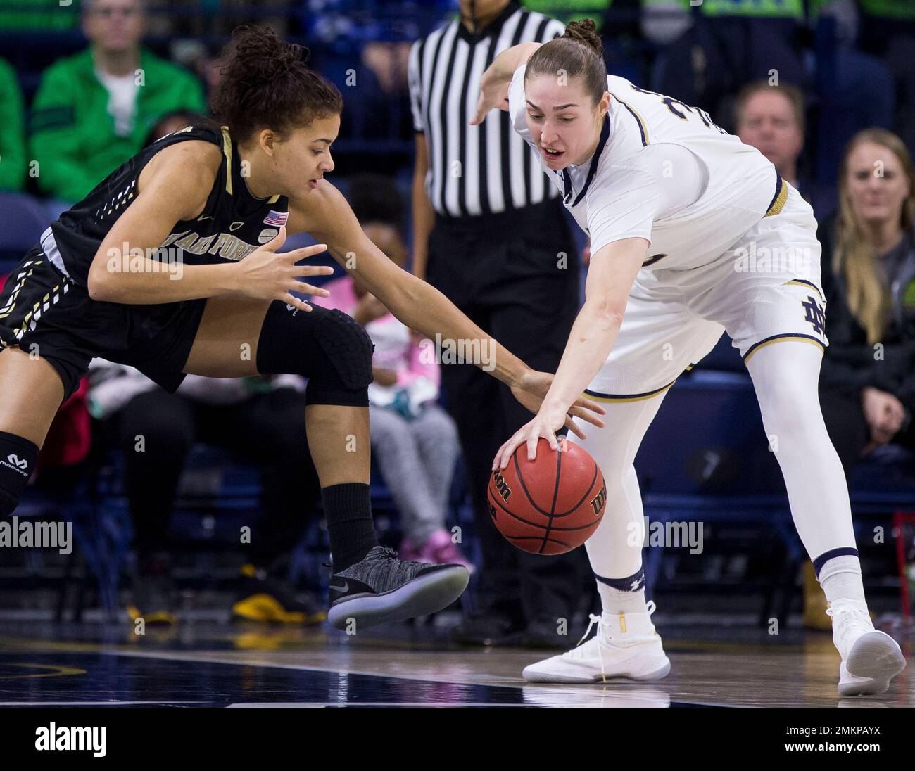 Notre Dame's Jessica Shepard, right, steals the ball from Wake Forest's ...