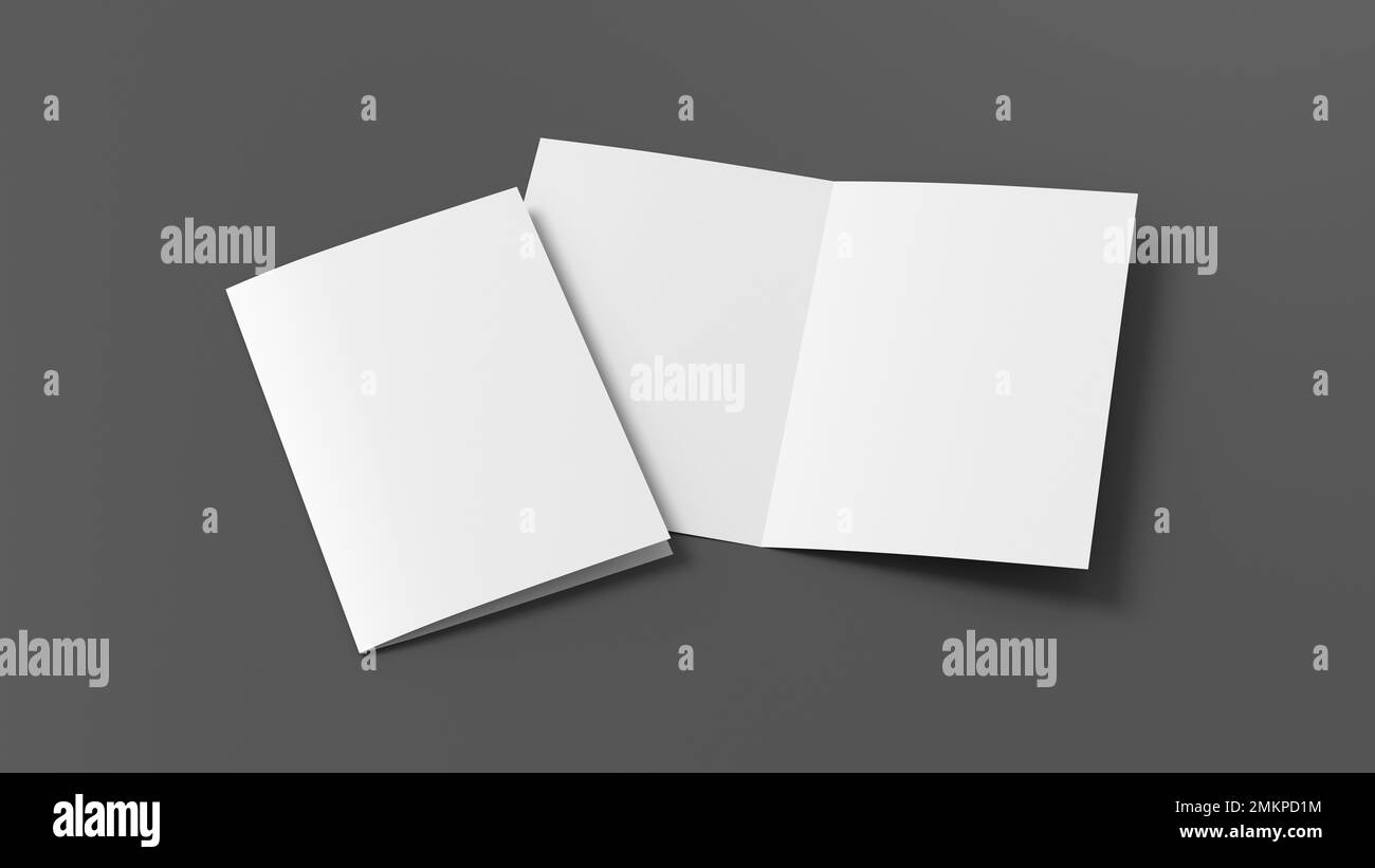 Half-folded flyer A4 booklet mock up on gray background Stock Photo - Alamy