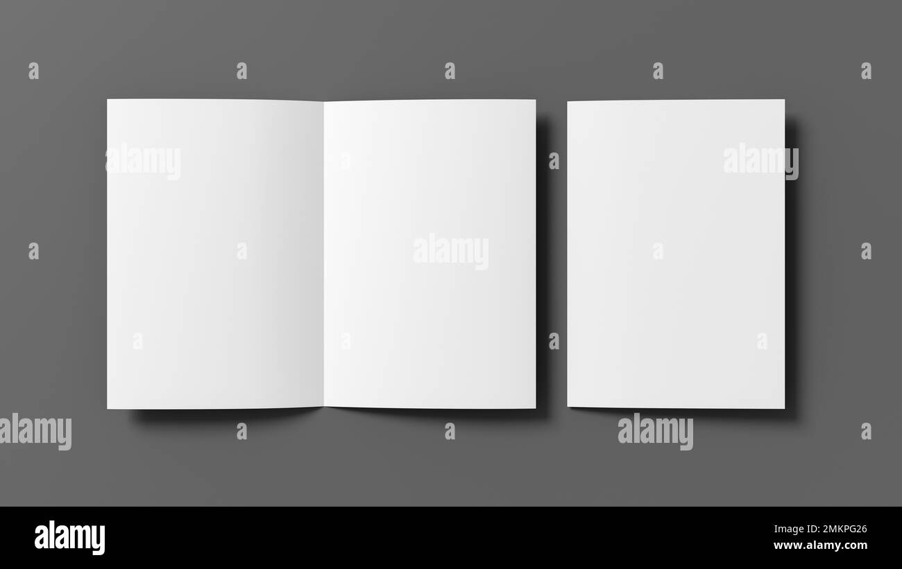 Half-folded flyer A4 booklet mock up on gray background. 3d ...