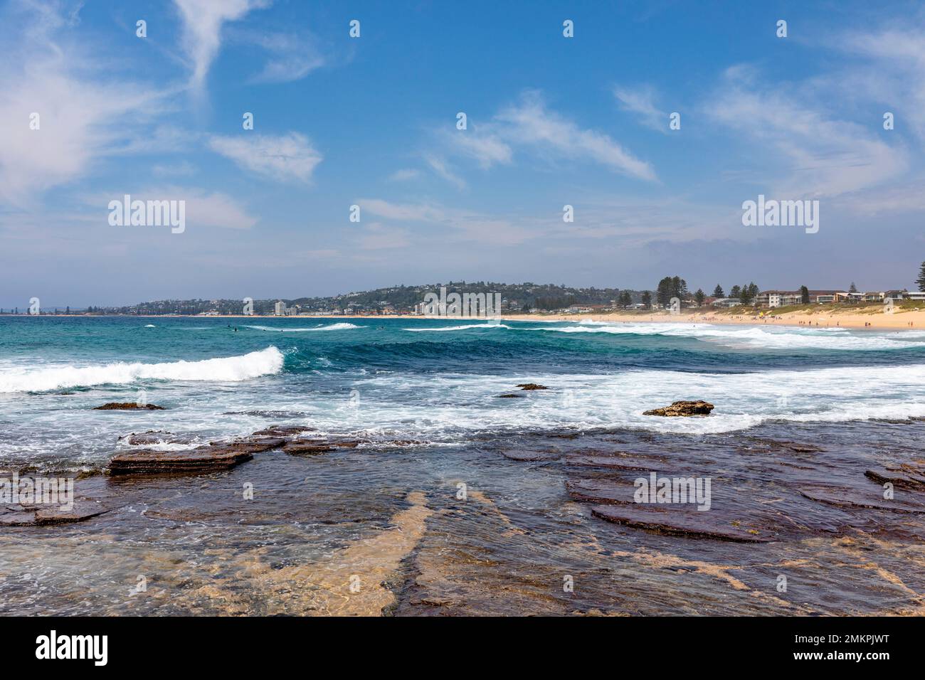 North Narrabeen beach Sydney views over the rock ledge towards Dee Why ...
