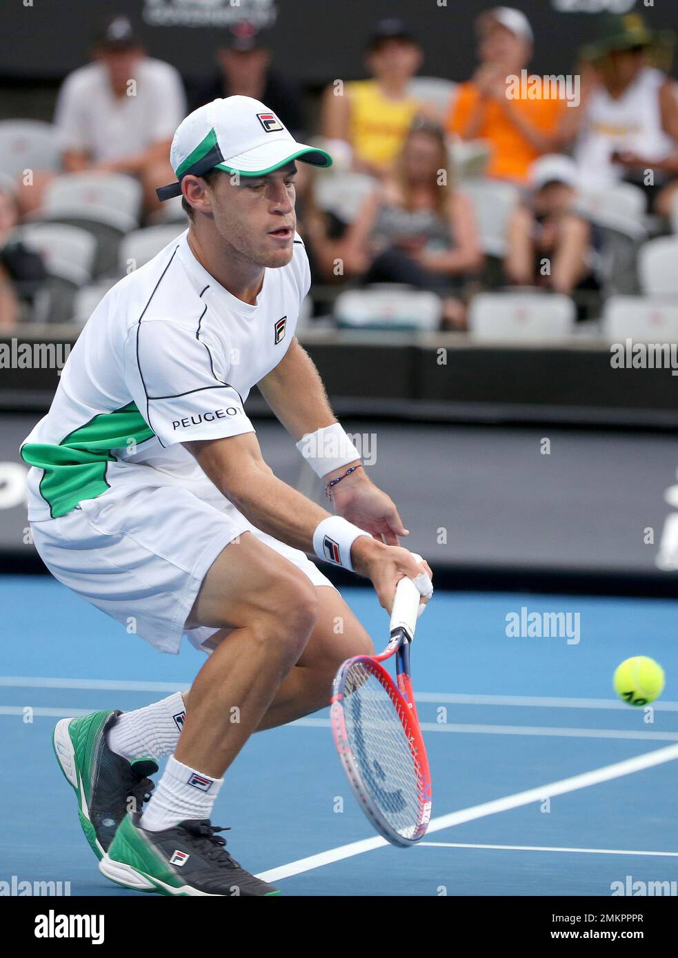 Diego Schwartzman of Argentina hits a forehand to Andreas Seppi of ...