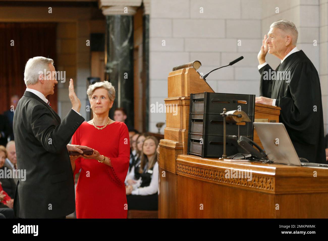 Lt. Gov. Mike Foley, with his wife Susan by his side, is sworn in to a ...