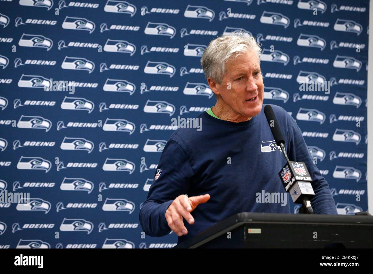 Seattle Seahawks head coach Pete Carroll addresses questions during a ...