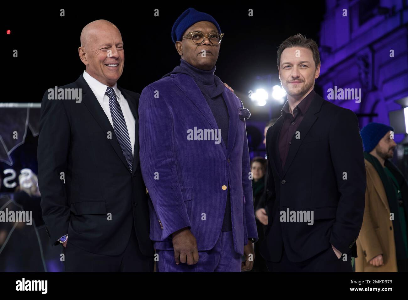 From left, actors Bruce Willis, Samuel L. Jackson and James McAvoy pose ...
