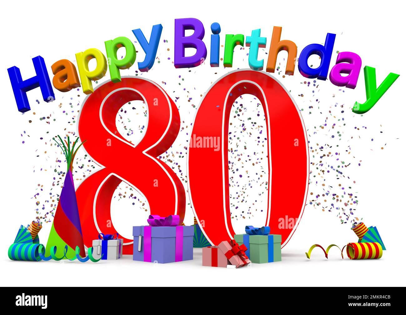 A big number with presents, confetti and the lettering Happy Birthday ...