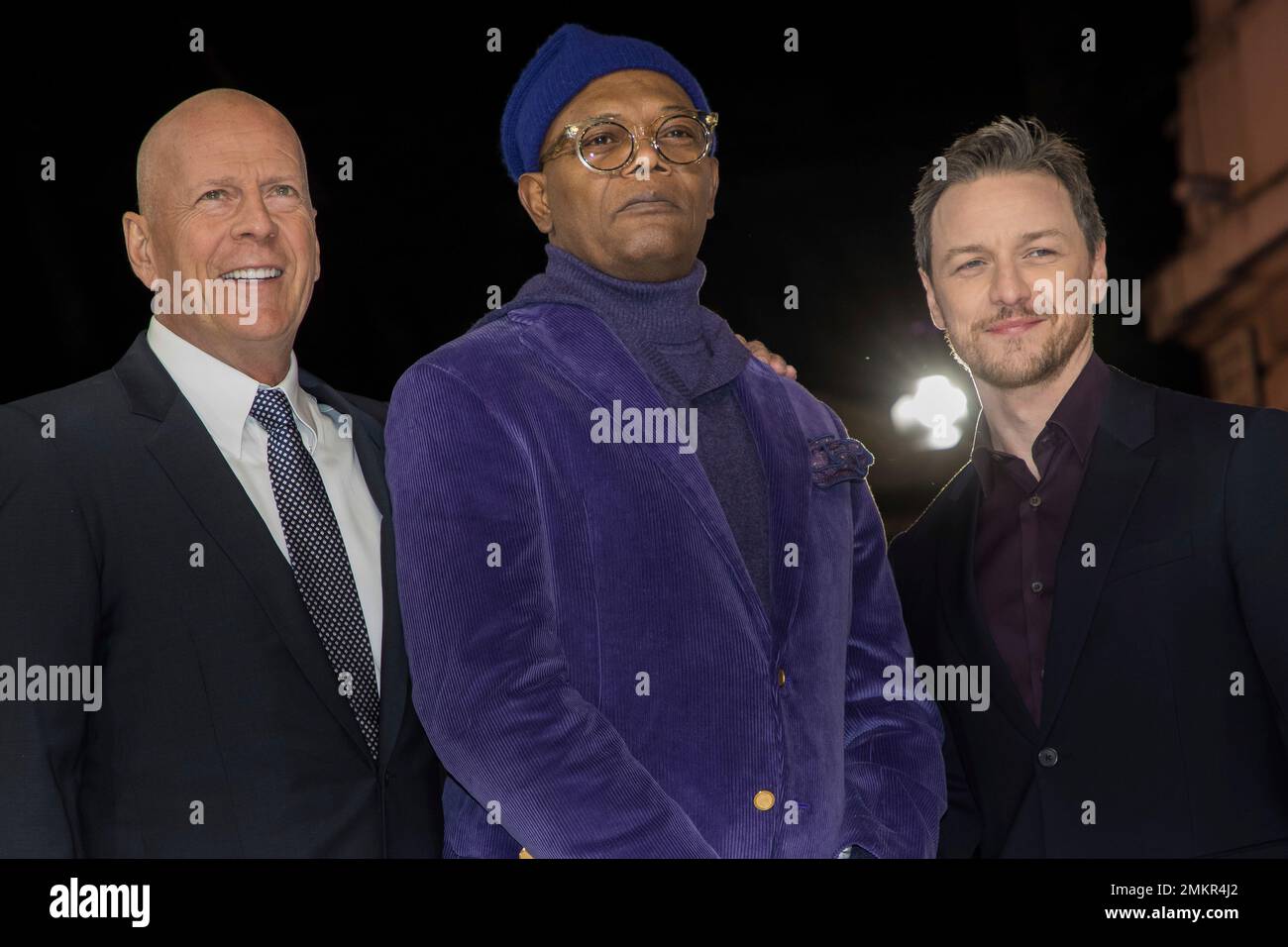 Actors Bruce Willis, from left, Samuel L. Jackson and James McAvoy pose ...