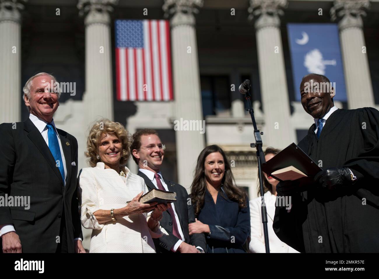South Carolina Gov. Henry McMaster, left, prepares to take the Oath of ...