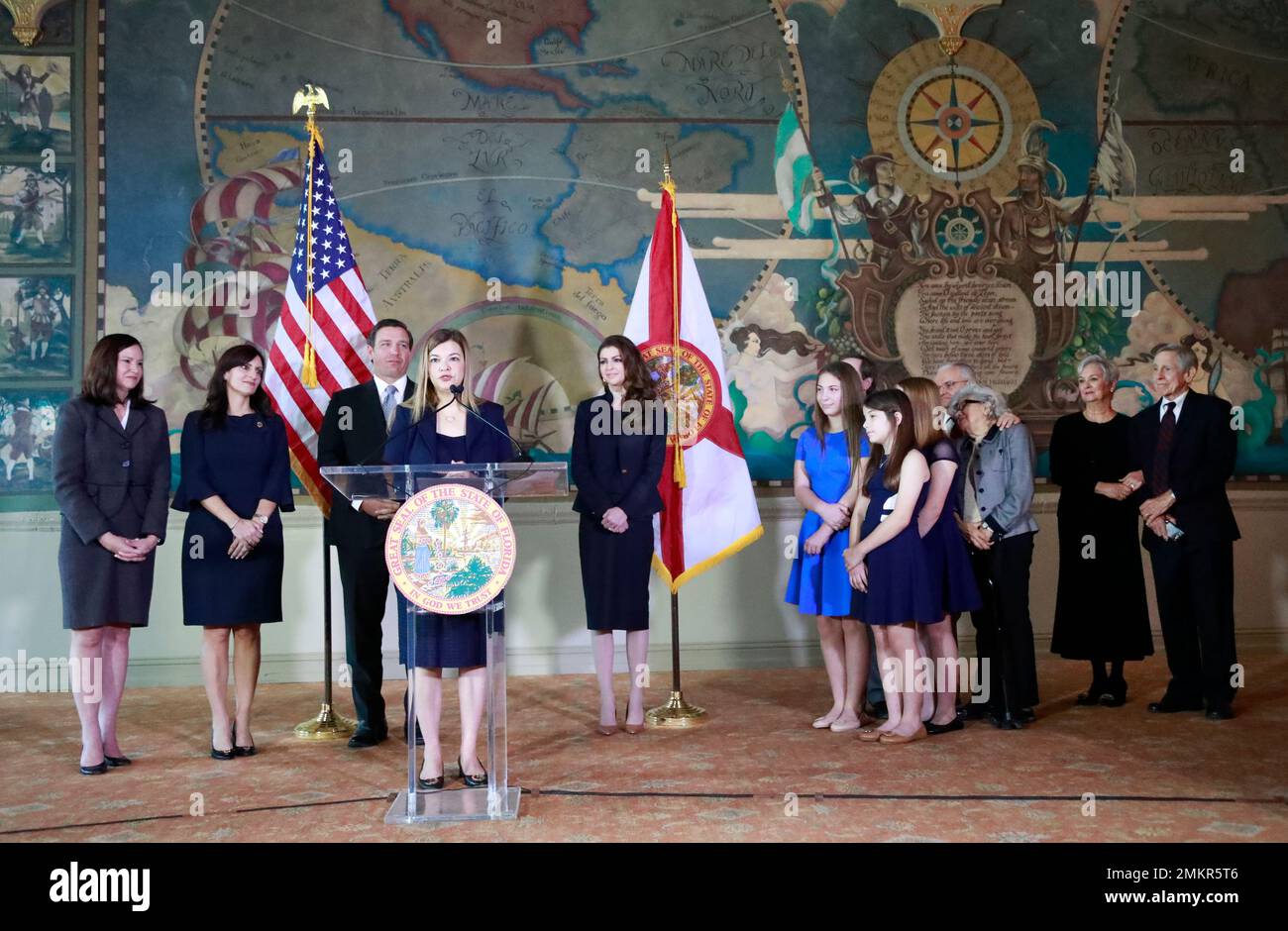 Barbara Lagoa, at podium, speaks after being introduced as Governor Ron ...