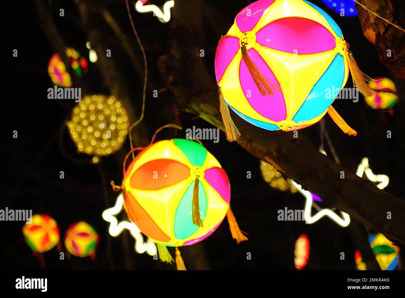 The colored lights on the wutong trees on both sides of the main road ...