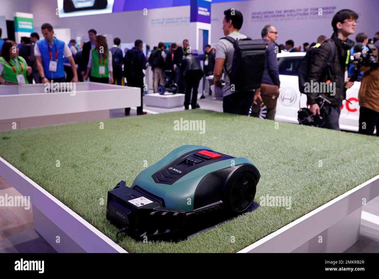 The Indego S+ autonomous lawn mower is on display at the Bosch booth at ...
