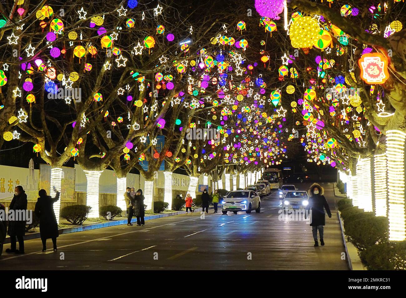 The colored lights on the wutong trees on both sides of the main road ...