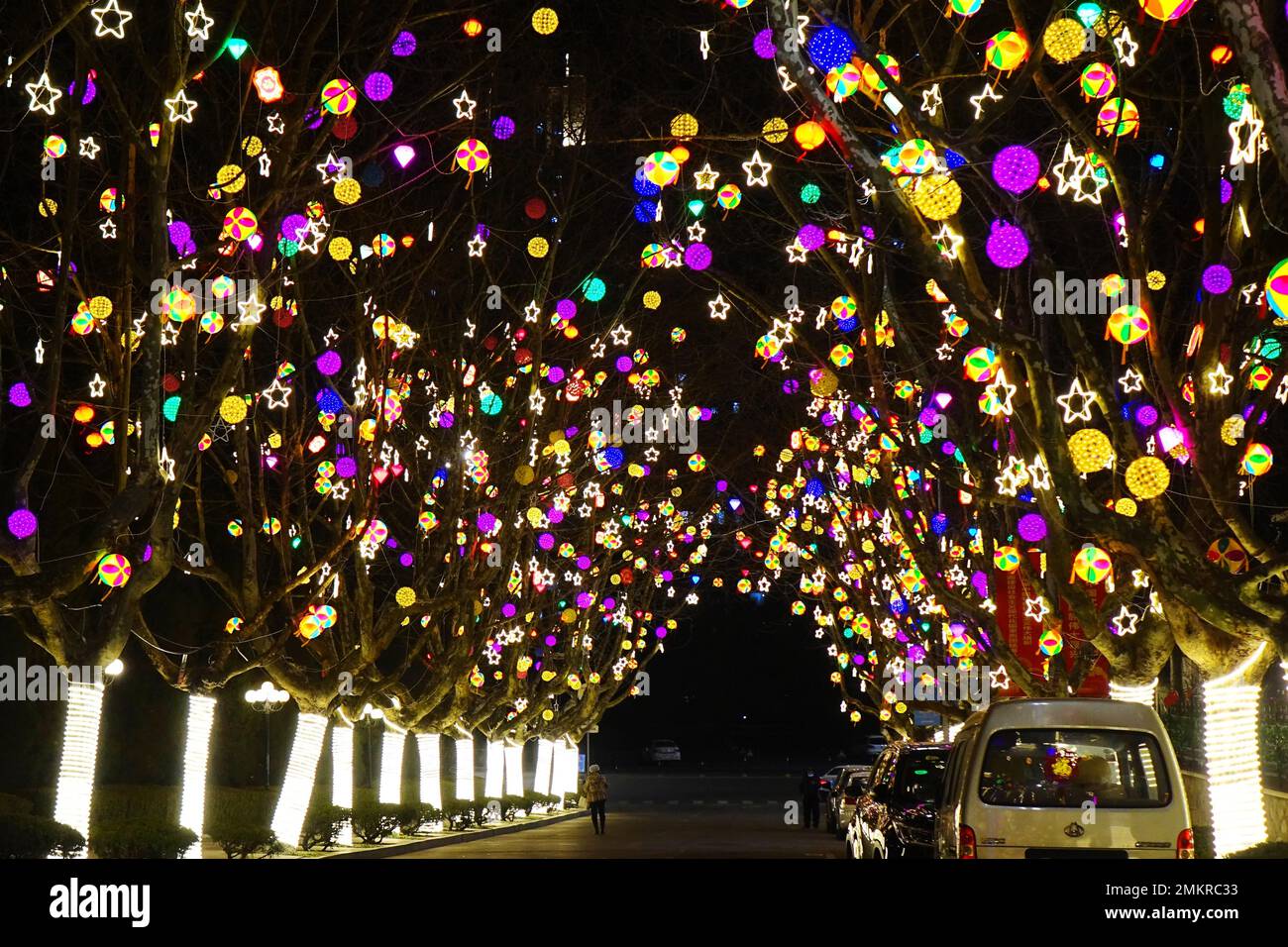 The colored lights on the wutong trees on both sides of the main road ...
