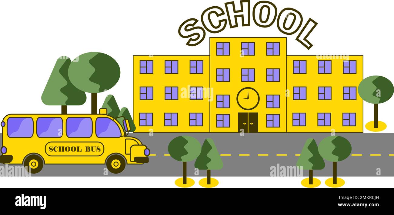 Yellow school bus on its way to school building, drawing in flat style ...