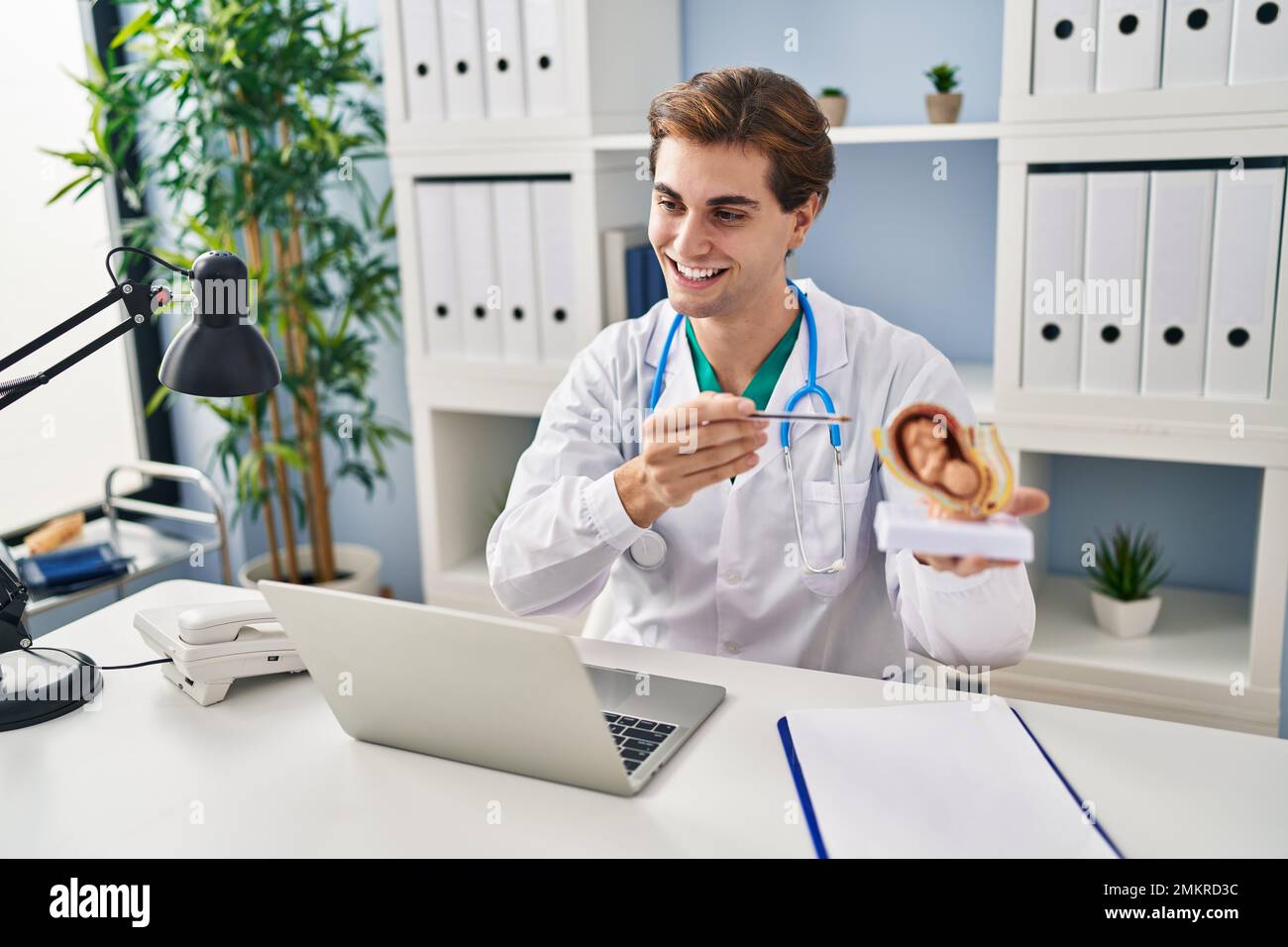 Young caucasian man doctor holding anatomical model of uterus with ...