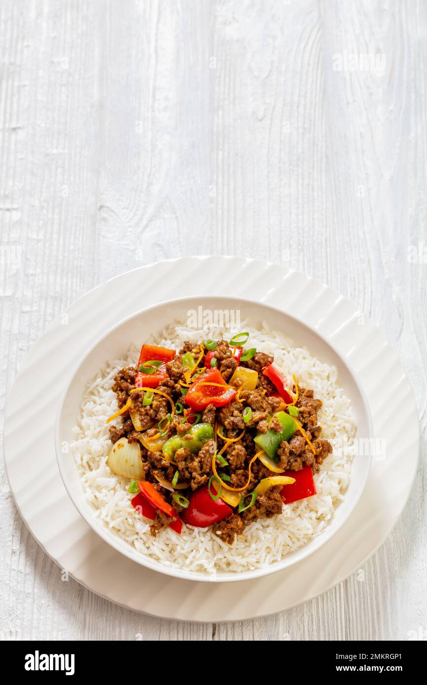 crispy ground beef with stir-fried veggies and a sticky-sweet orange ...