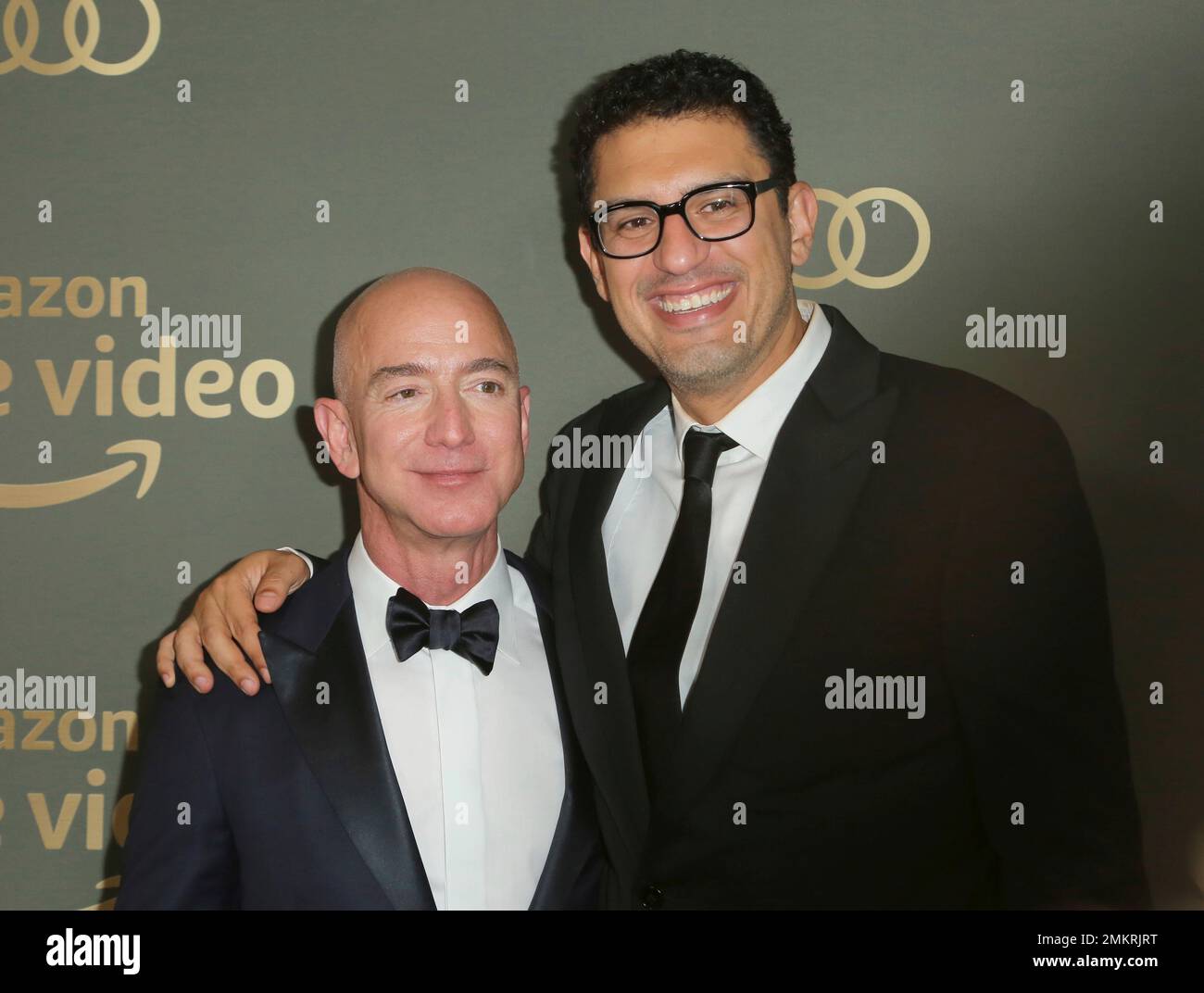 Jeff Bezos, left, and Sam Esmail arrive at the Amazon Golden Globes ...