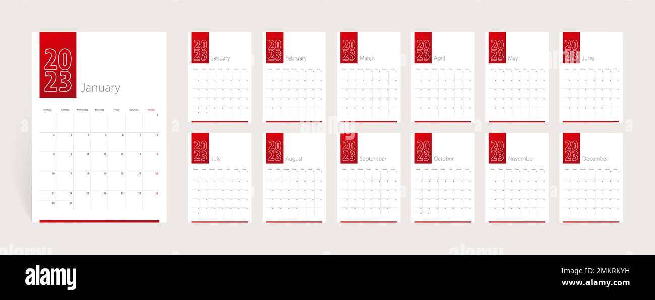 2023 calendar design, set of 12 months. Week starts on Monday. Vertical ...