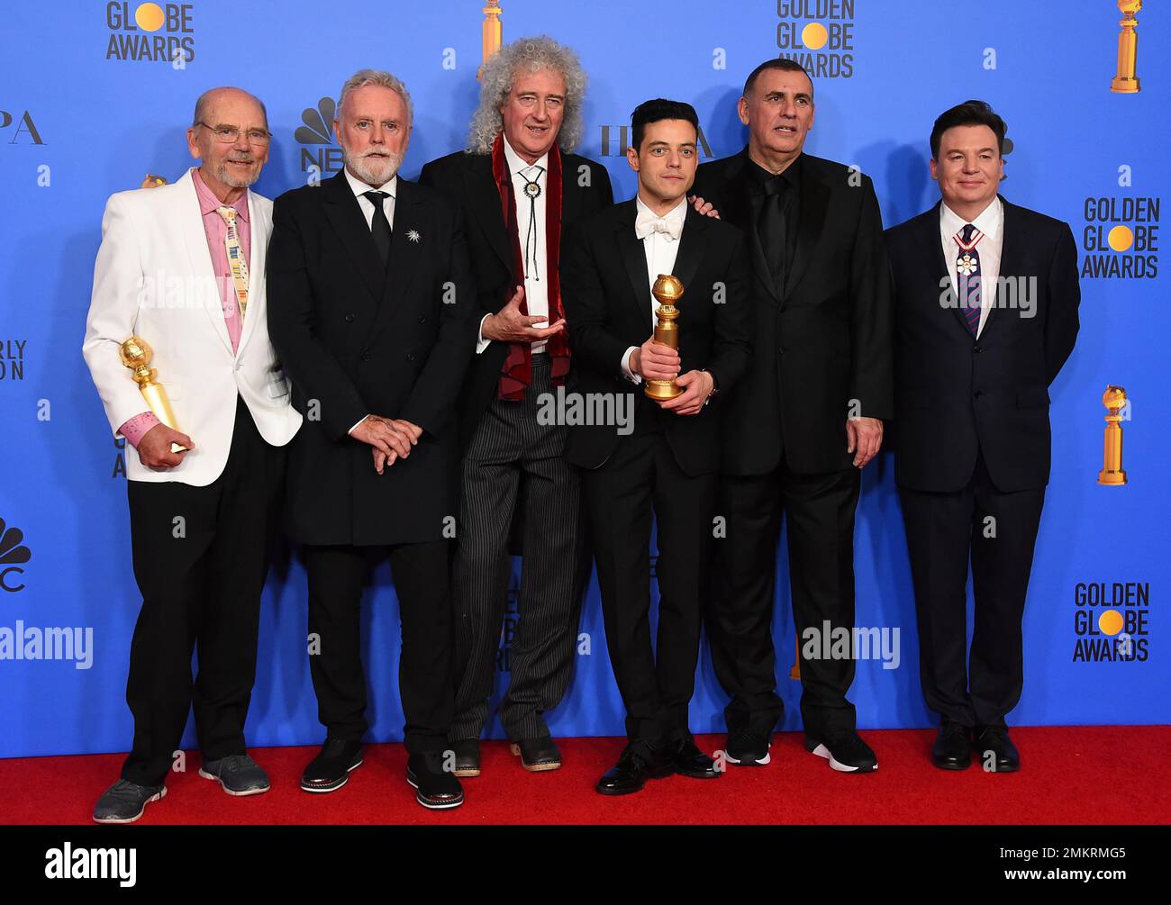 Jim Beach, from left, Roger Taylor, Brian May, Rami Malek, Graham King ...