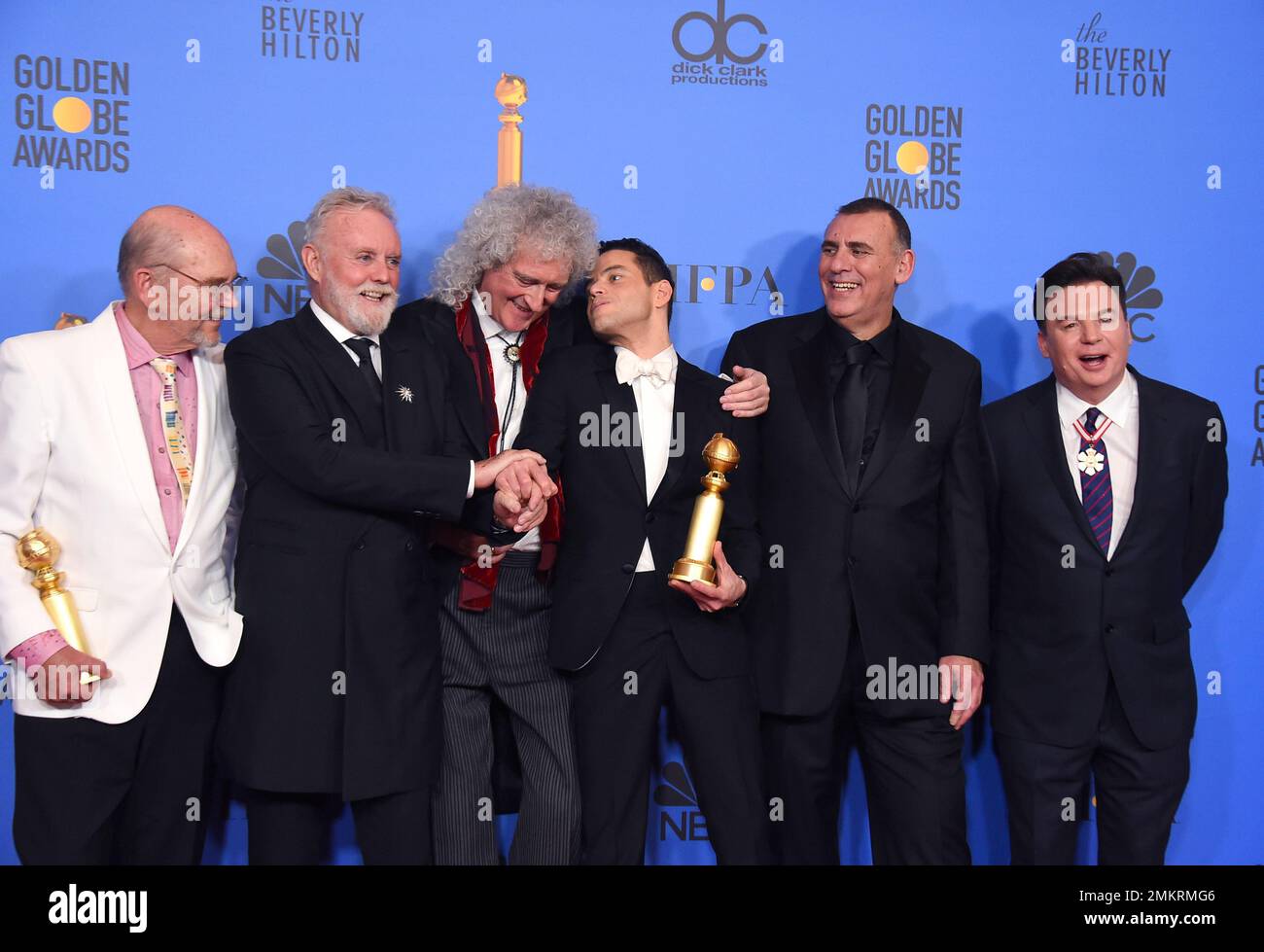 Jim Beach, from left, Roger Taylor, Brian May, Rami Malek, Graham King ...