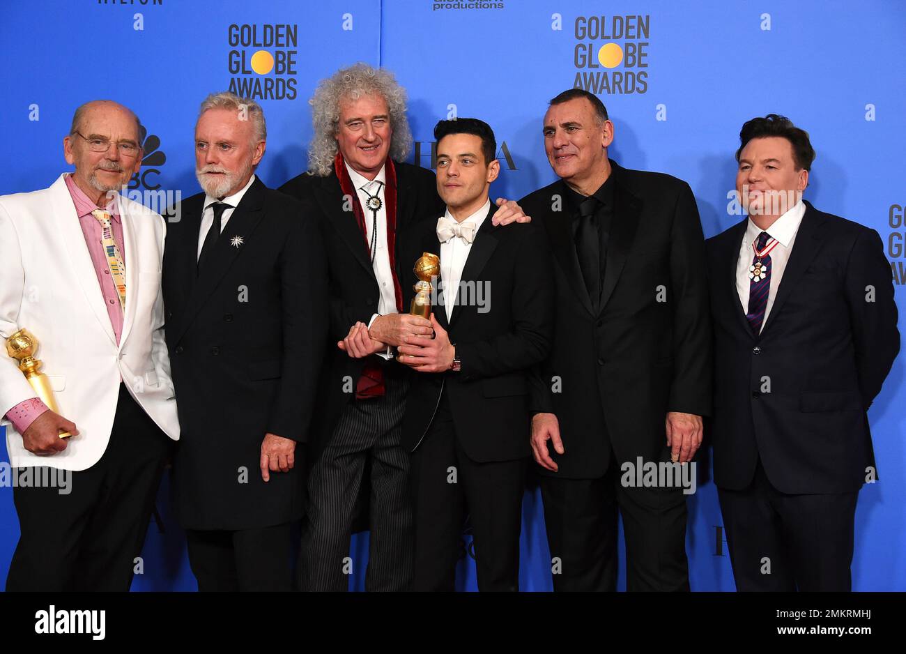 Jim Beach, from left, Roger Taylor, Brian May, Rami Malek, Graham King ...