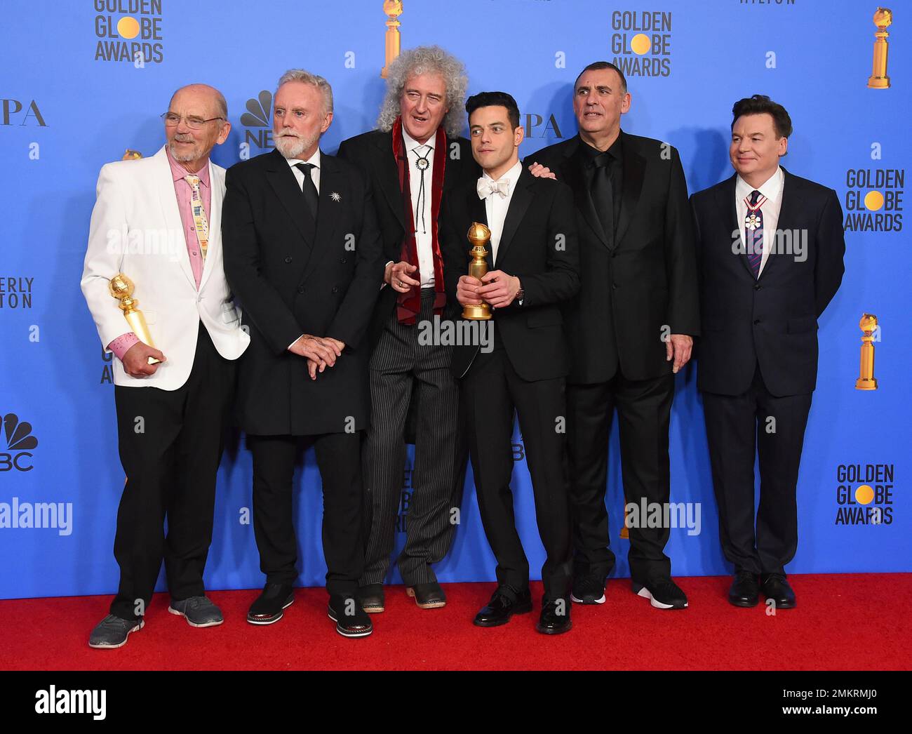 Jim Beach, from left, Roger Taylor, Brian May, Rami Malek, Graham King ...