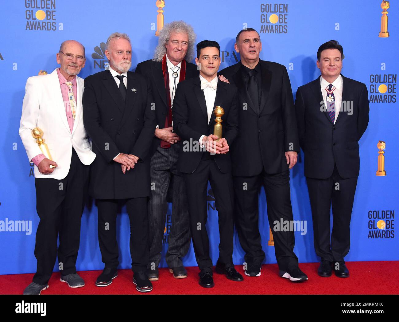 Jim Beach, from left, Roger Taylor, Brian May, Rami Malek, Graham King ...