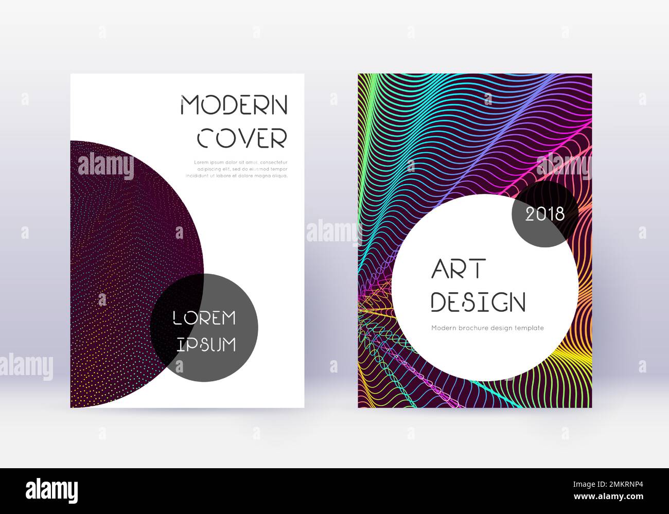 Trendy cover design template set. Rainbow abstract lines on wine red ...