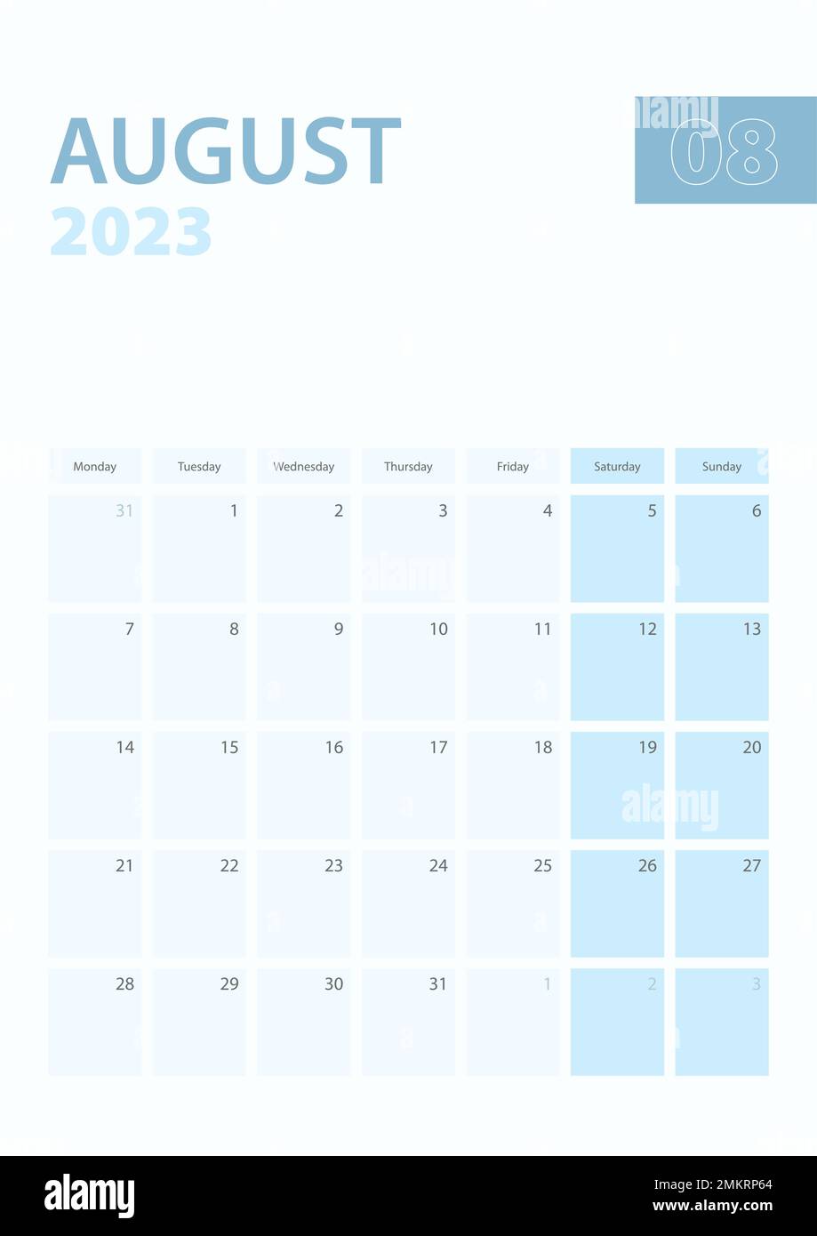 Vertical calendar page of August 2023, Week starts from Monday. Vector ...