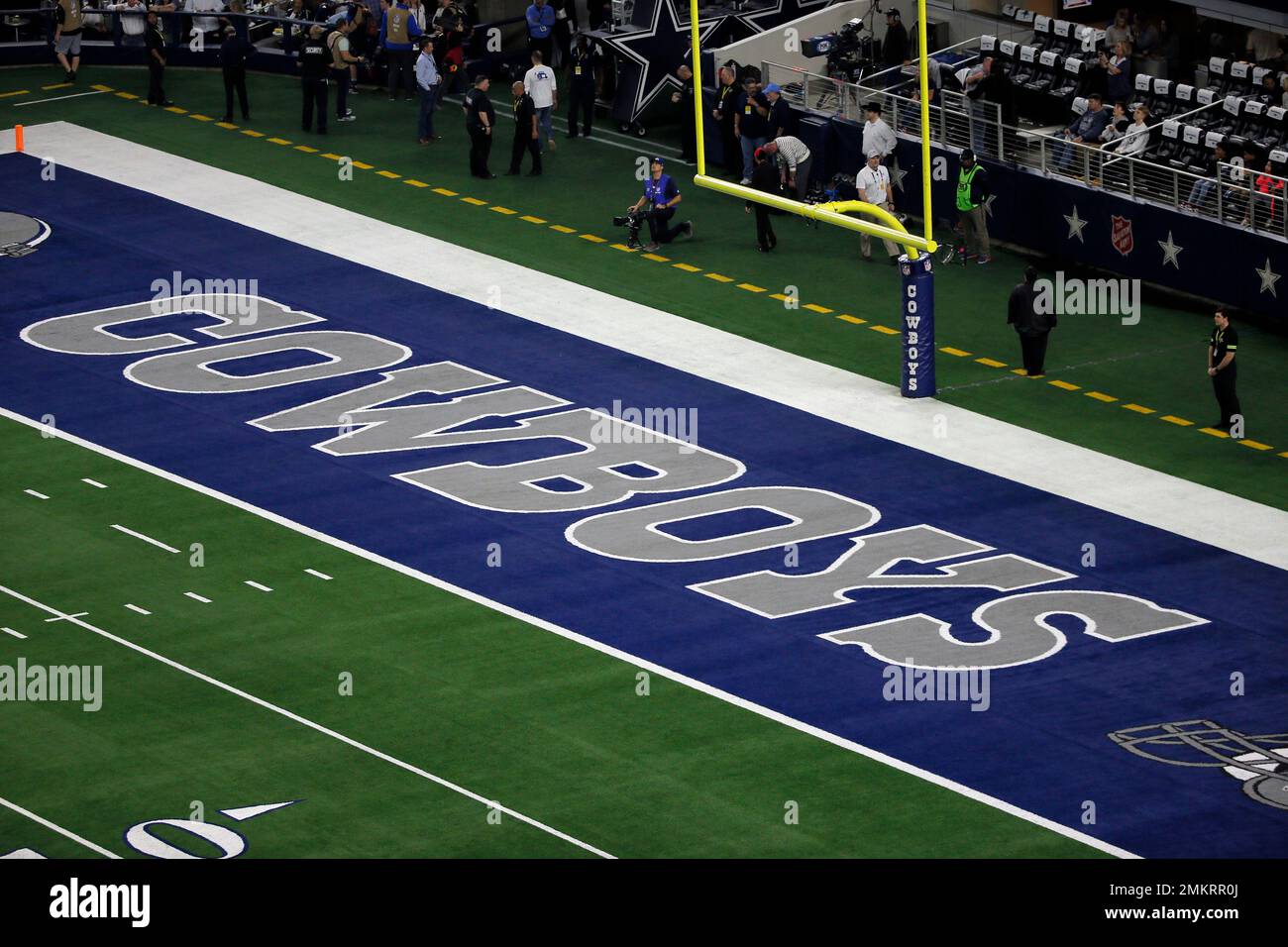 The end zone at AT&T Stadium shows the Dallas Cowboys logo during an ...