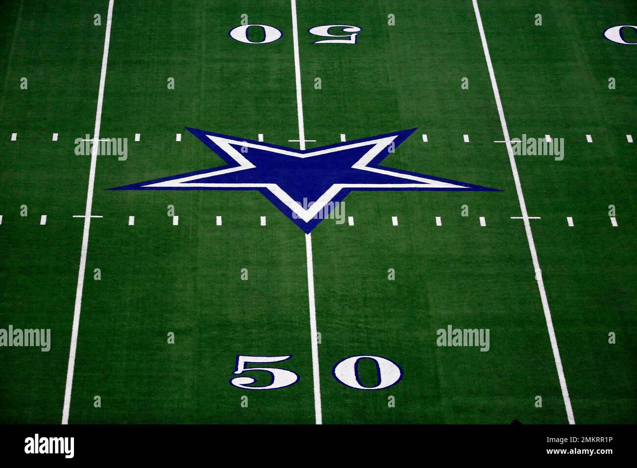 The 50-yard-line and Dallas Cowboys logo is seen on the field before an ...