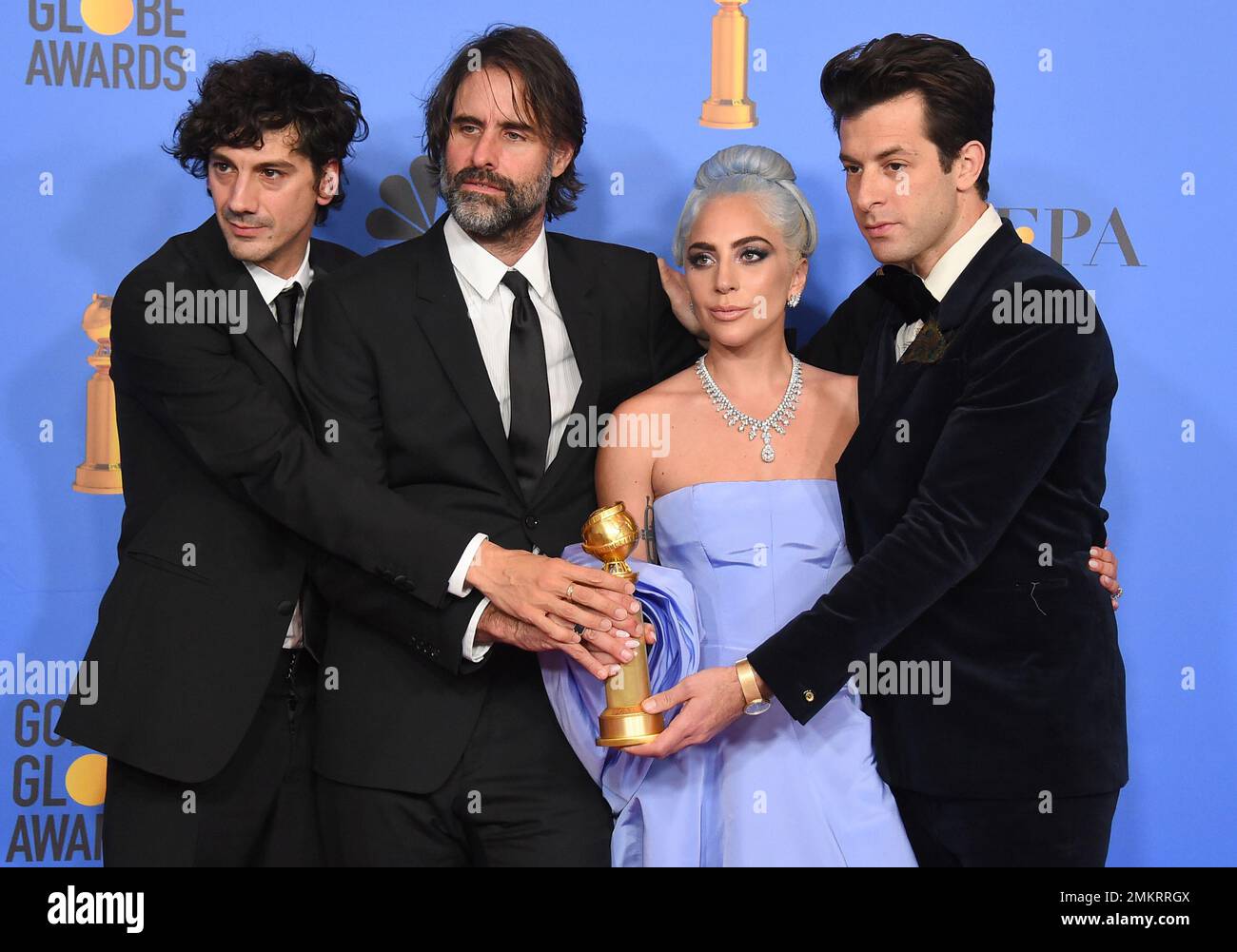 Anthony Rossomando, from left, Andrew Wyatt, Lady Gaga and Mark Ronson ...