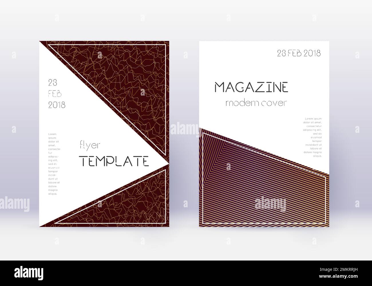 Triangle cover design template set. Gold abstract lines on maroon ...