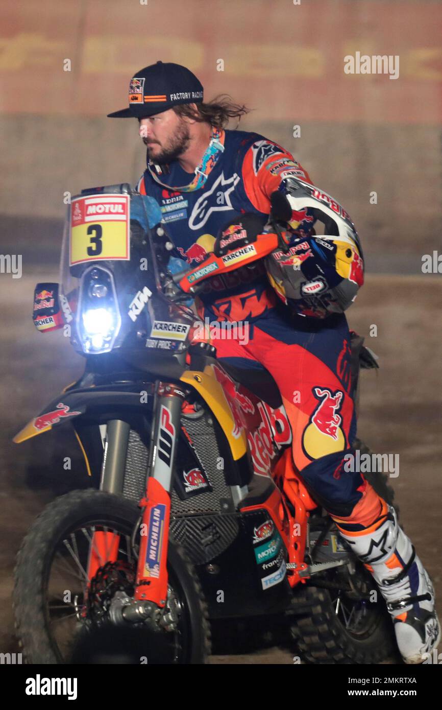 Toby Price of Australia rides his KTM motorbike during the podium ...