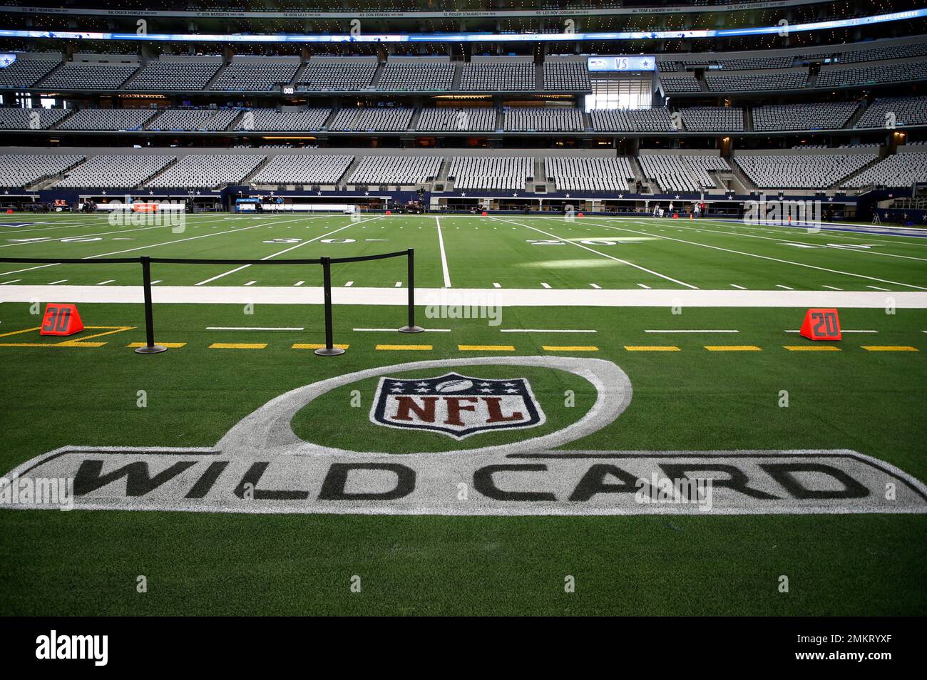 The NFC wild-card logo is shown on the field before an NFL football ...