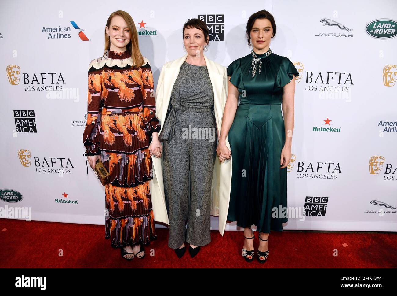 Emma Stone, from left, Olivia Colman, and Rachel Weisz, cast members in ...