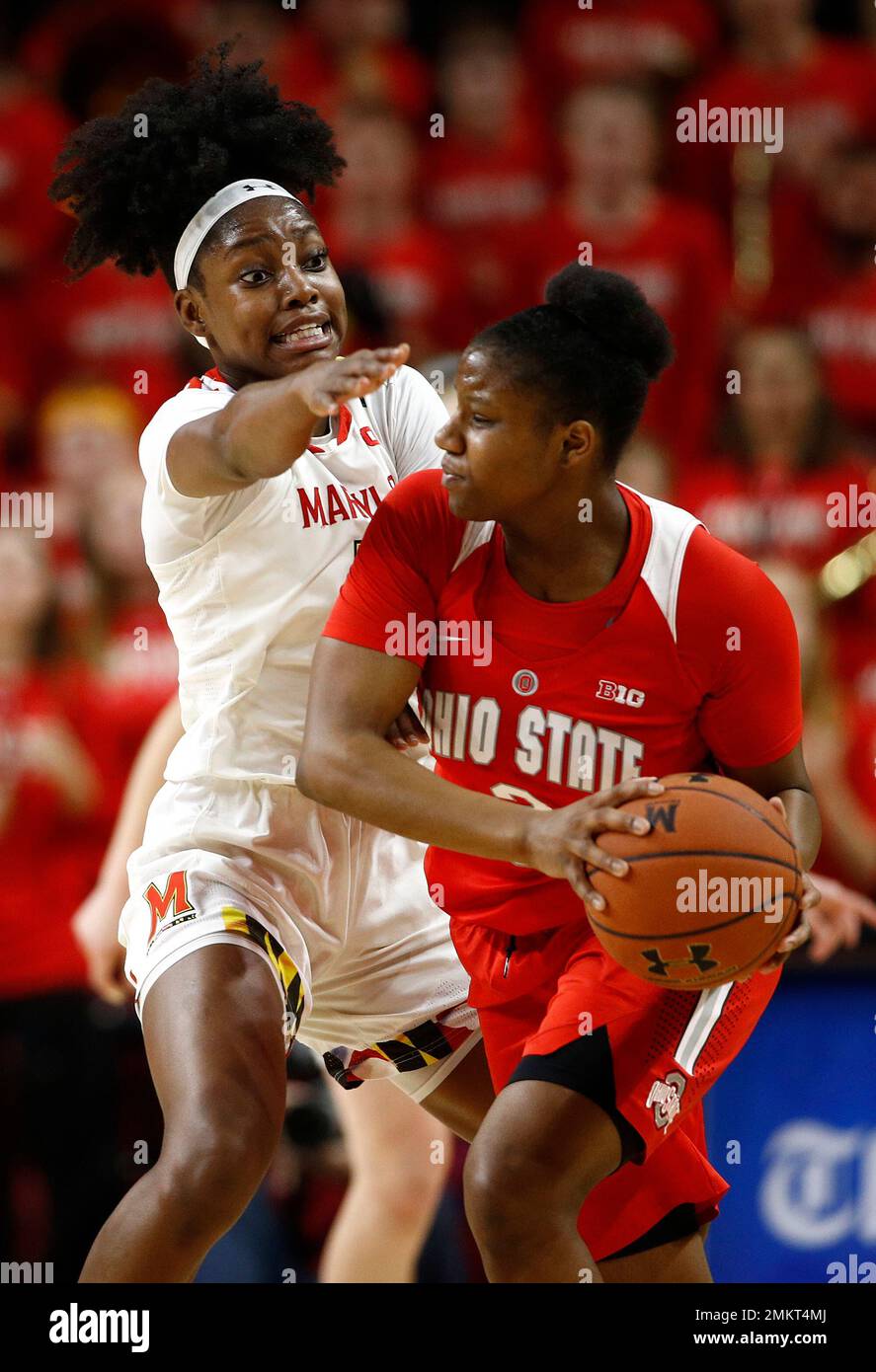Maryland guard Kaila Charles, left, pressures Ohio State guard Janai ...