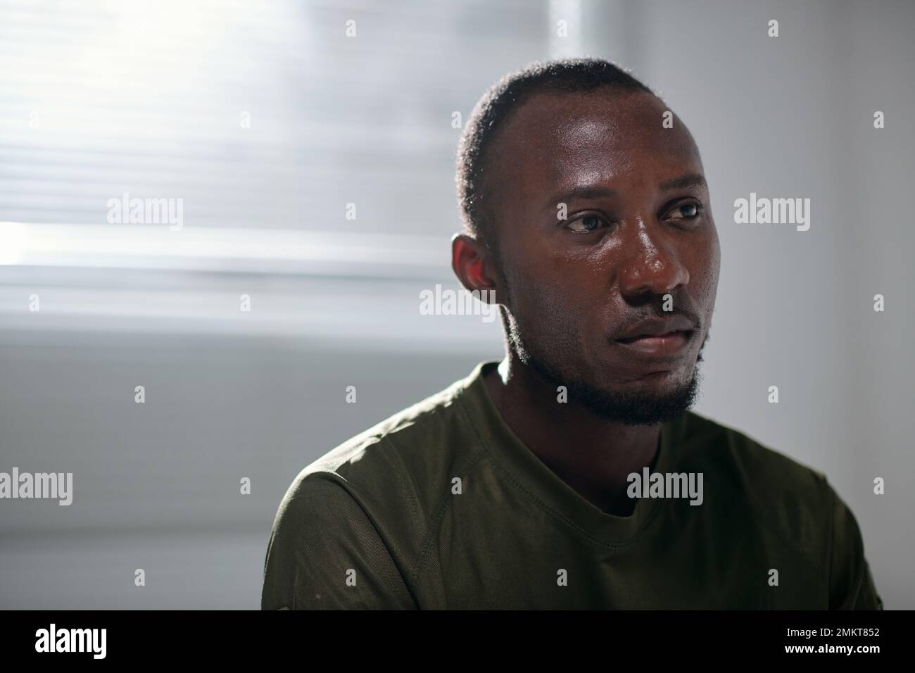 Portrait of pensive depressed soldier suffering from ptsd Stock Photo ...