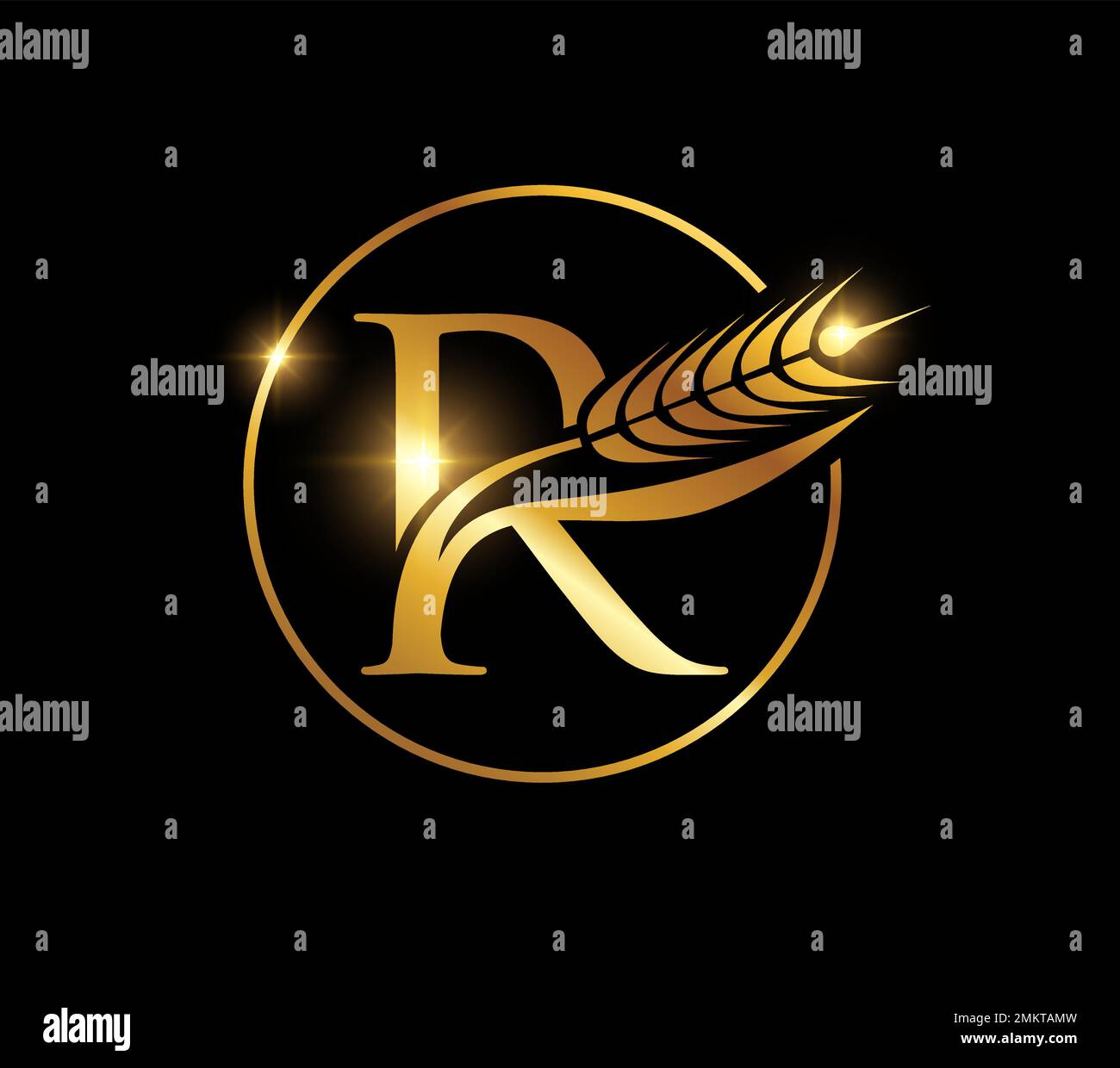 A vector illustration of Golden Wheat Grain Monogram Initial Letter R ...