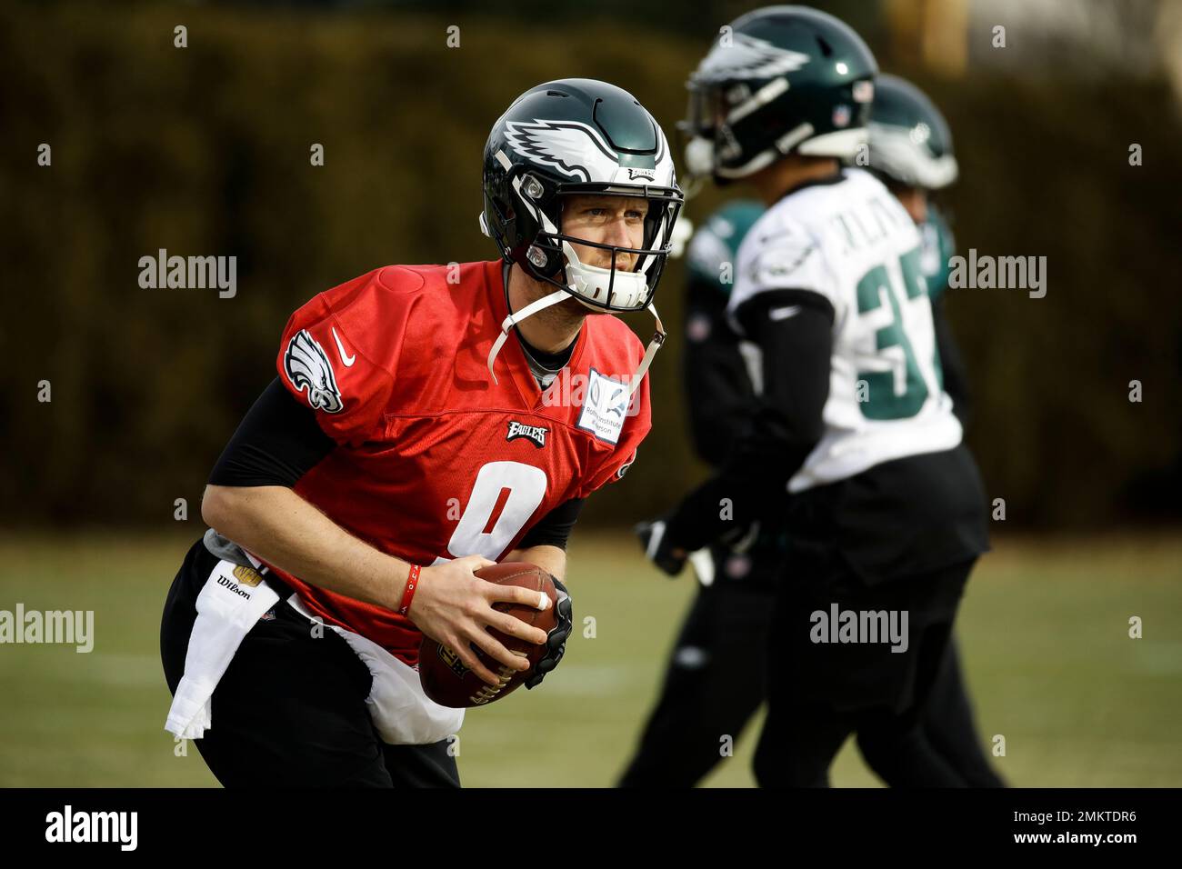 Philadelphia Eagles' Nick Foles stretches during practice at the team's ...