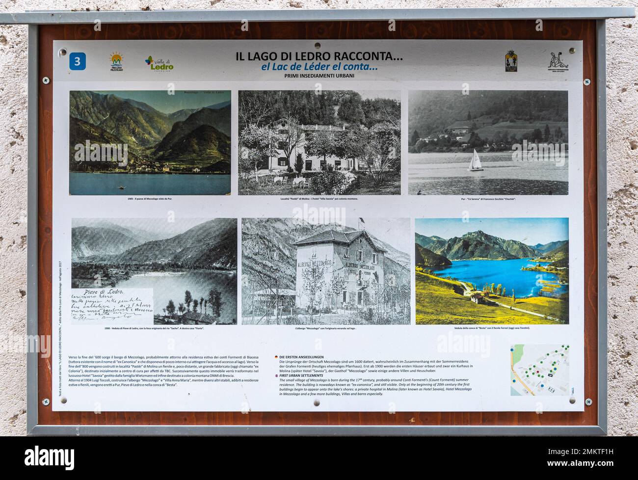 Historic Information board of the Ledro Lake in the Ledro Valley (the ...